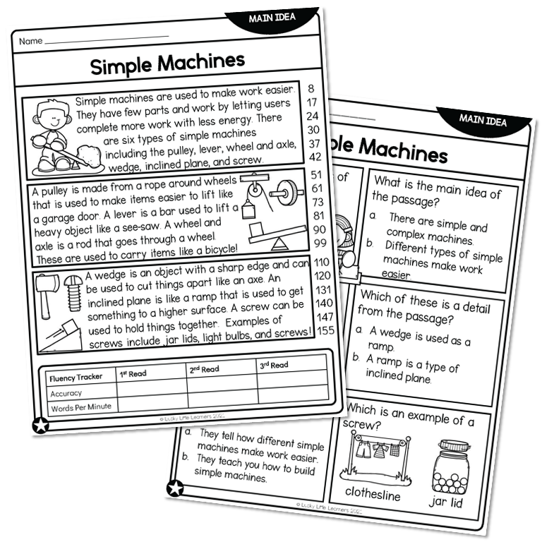 2nd Grade Main Idea Reading Passage Simple Machines Below Lucky 2nd Grade Main Idea Reading Passage Simple Machines Below Lucky