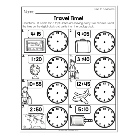 2nd Grade Math Worksheets - Time - Telling Time to 5 mins. - Travel ...