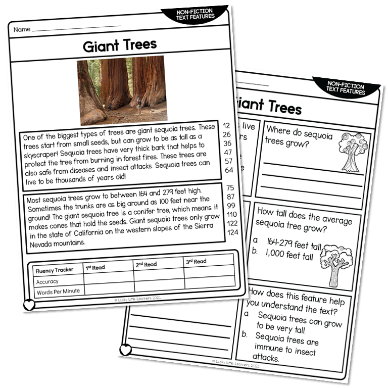 2nd Grade Nonfiction Text Features Reading Passage Giant Trees At
