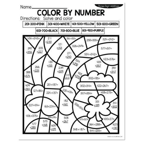 3-Digit Addition Spring Color by Number - Rainbow & Pot of Gold - Lucky ...