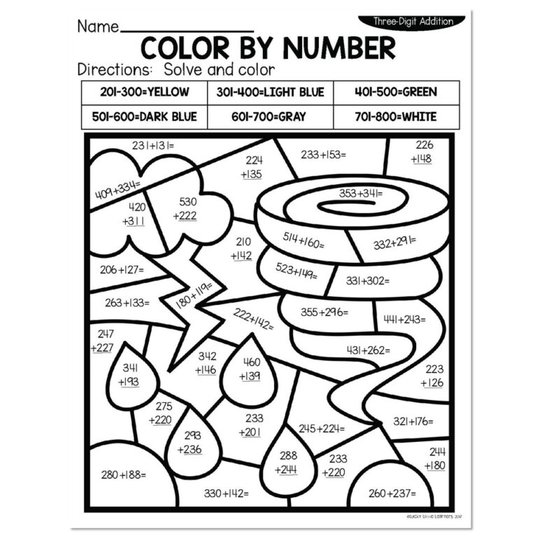 3-Digit Addition Summer Color by Number - Tornado - Lucky Little Learners