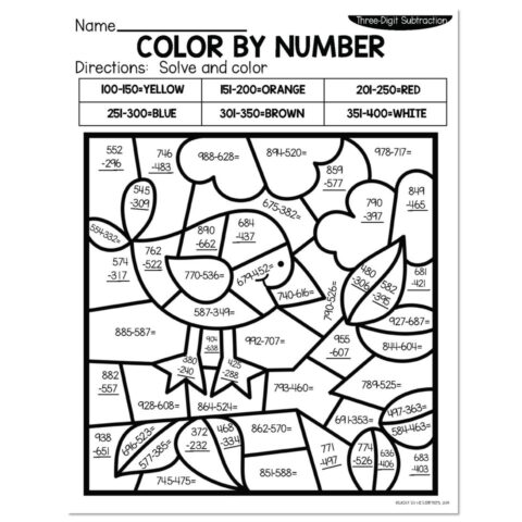 3-Digit Subtraction Fall Color by Number - Bird - Lucky Little Learners