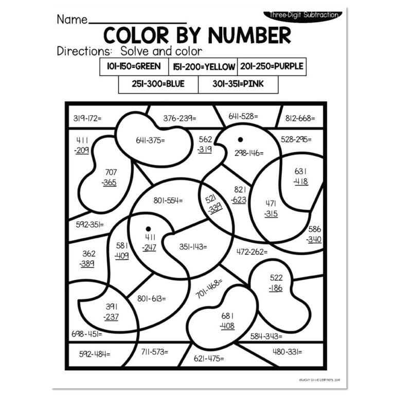 3-Digit Subtraction Spring Color by Number - Jellybeans & Chicks ...