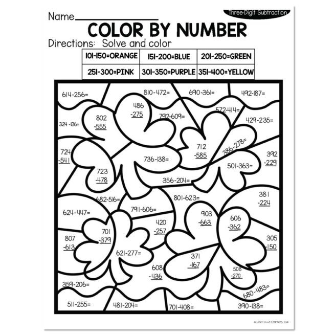 3-Digit Subtraction Spring Color by Number - Shamrocks - Lucky Little ...