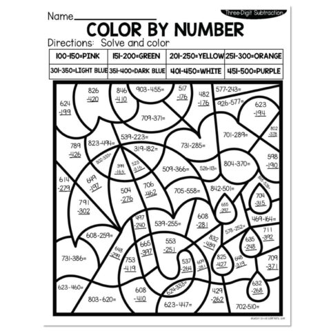 3-Digit Subtraction Spring Color by Number - Umbrella - Lucky Little ...