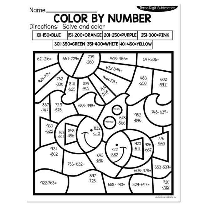 3-Digit Subtraction Summer Color by Number - Fish & Sun - Lucky Little ...