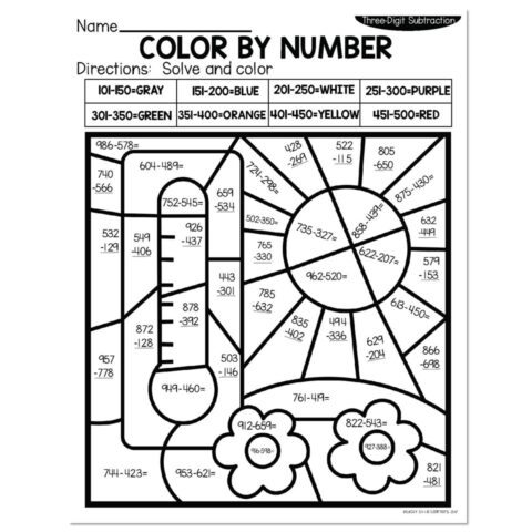 3-Digit Subtraction Summer Color by Number - Thermostat Warm - Lucky ...