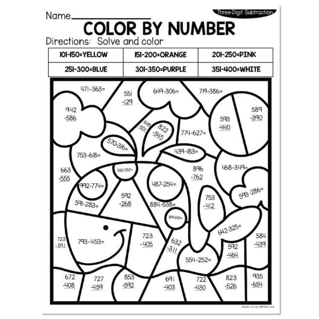 3-Digit Subtraction Summer Color by Number - Whale - Lucky Little Learners