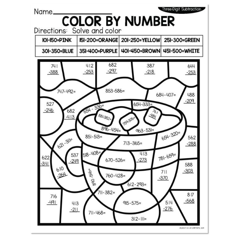 3-Digit Subtraction Winter Color by Number - Hot Cocoa - Lucky Little ...