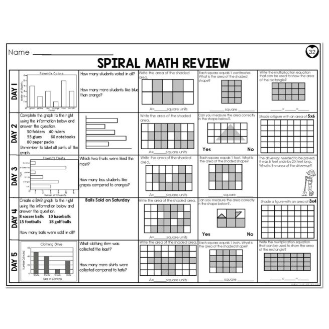 3rd Grade Spiral Math - Week 32 - At - Lucky Little Learners