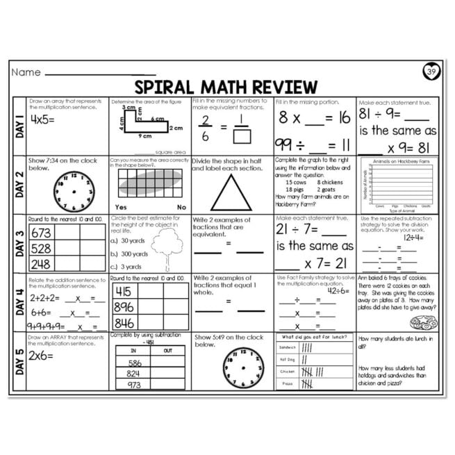 3rd Grade Spiral Math - Week 39 - At - Lucky Little Learners