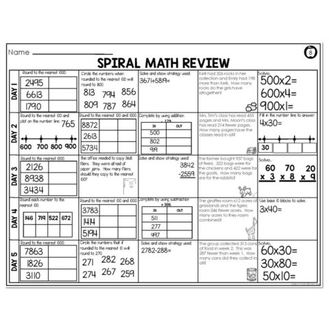 3rd Grade Spiral Math - Week 8 - Above - Lucky Little Learners