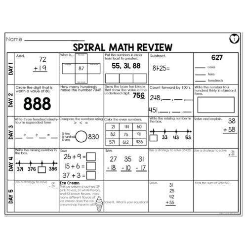 3rd Grade Spiral Math - Week 1 - At - Lucky Little Learners