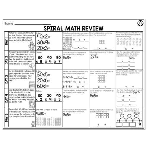 3rd Grade Spiral Math - Week 12 - At - Lucky Little Learners