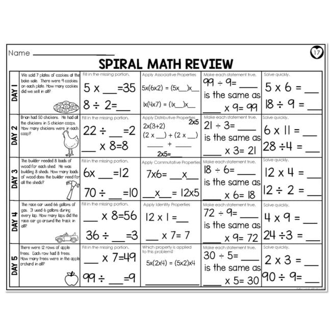 3rd Grade Spiral Math - Week 17 - At - Lucky Little Learners