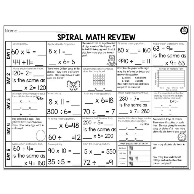 3rd Grade Spiral Math - Week 20 - Above - Lucky Little Learners