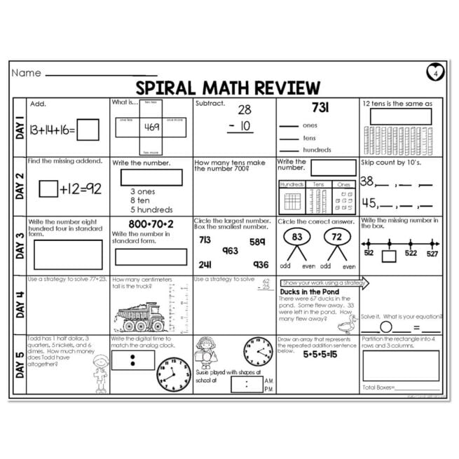 3rd Grade Spiral Math - Week 4 - At - Lucky Little Learners