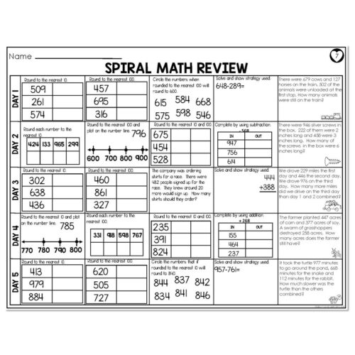 3rd Grade Spiral Math - Week 7 - At - Lucky Little Learners