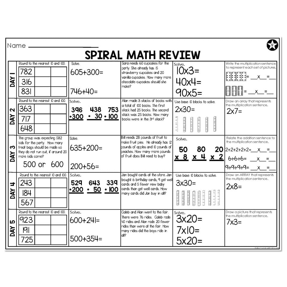 3rd Grade Spiral Math - Week 9 - Below - Lucky Little Learners