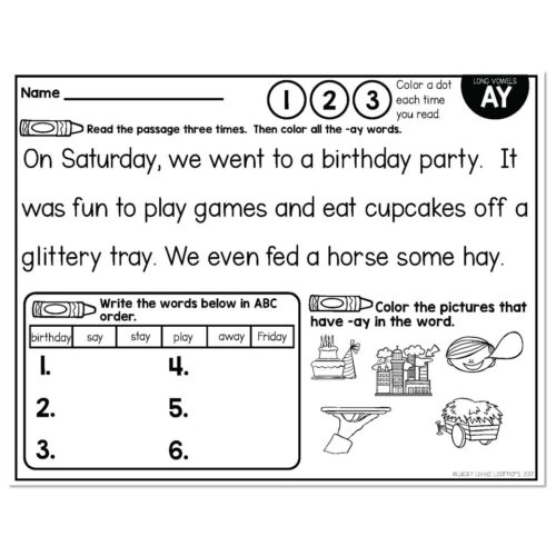AY - Long Vowel Phonics Mats 1st Grade - Lucky Little Learners