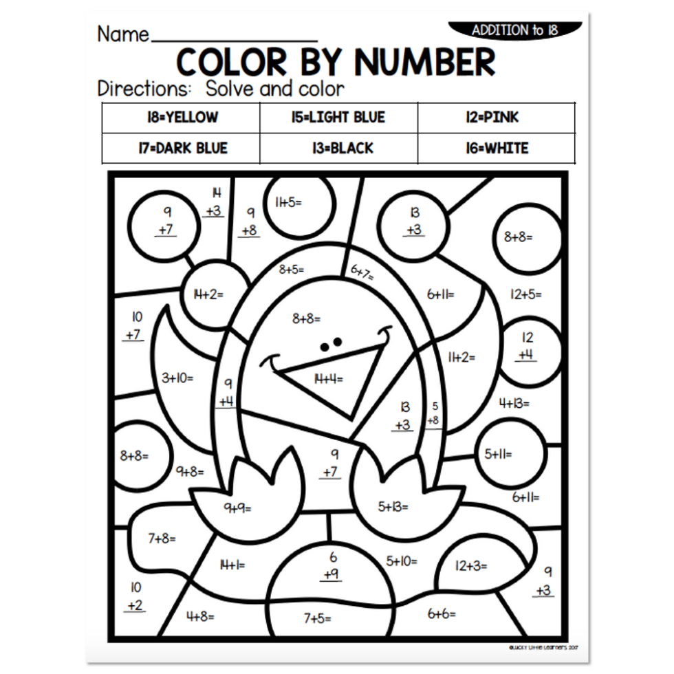 Addition to 18 Winter Color by Number - Penguin - Lucky Little Learners