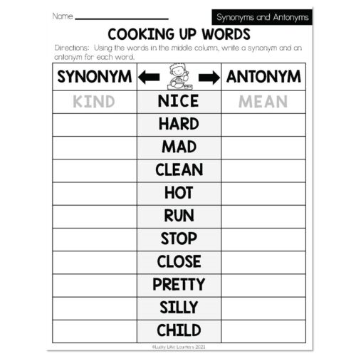 Fall - Early Finishers 2nd Grade - ELA - Synonyms & Antonyms - Cooking ...