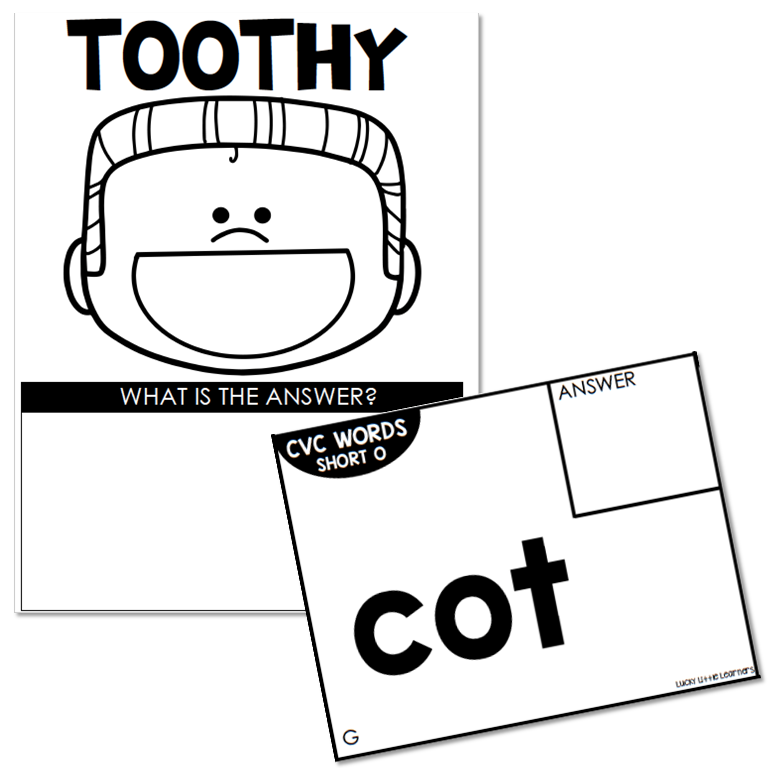 Kindergarten- ELA Toothy Task Cards - CVC Words - short O - Lucky ...