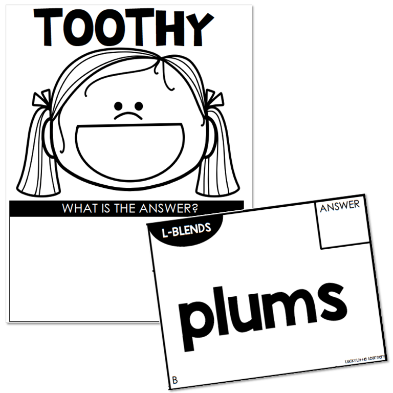 Kindergarten- ELA Toothy Task Cards - L-Blends - Lucky Little Learners