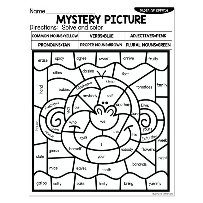 Literacy Mystery Pictures - Parts of Speech - Monkey - Lucky Little ...