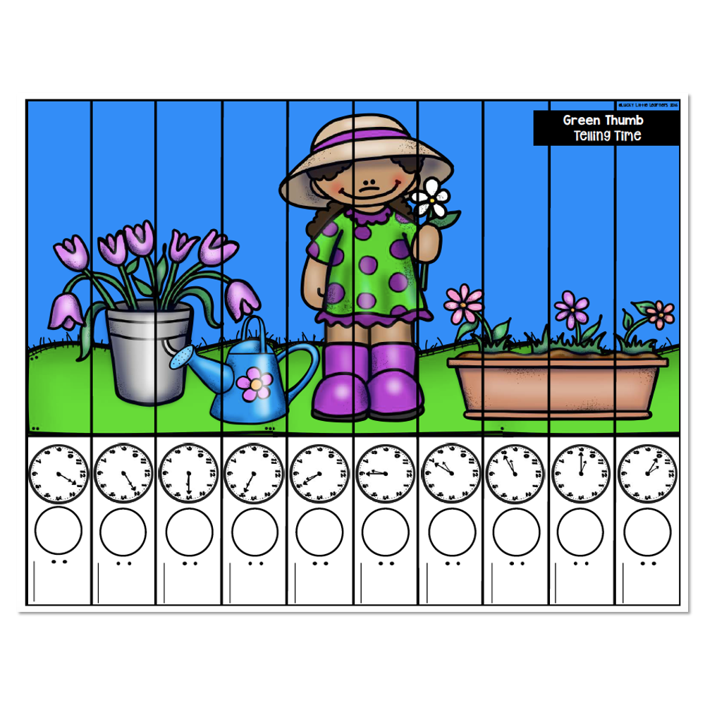 May Math Puzzle - Green Thumb - Telling Time - Lucky Little Learners