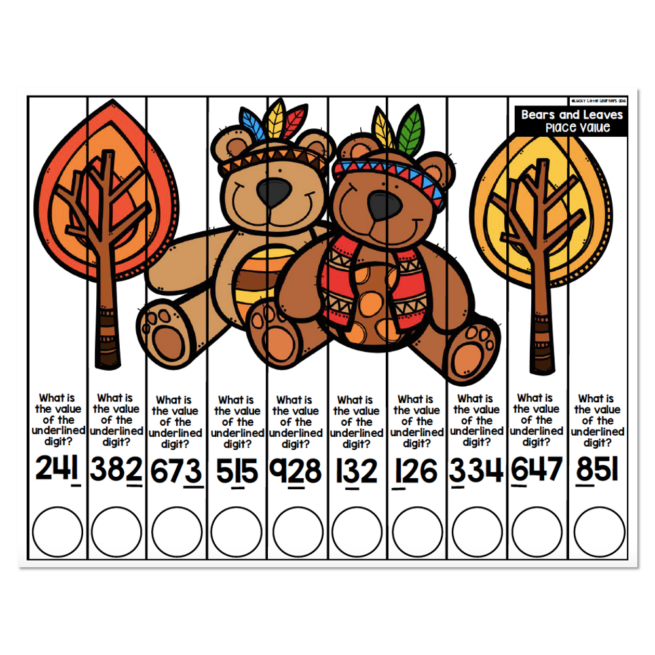 November Math Puzzle - Bears and Leaves - Place Value - Lucky Little ...