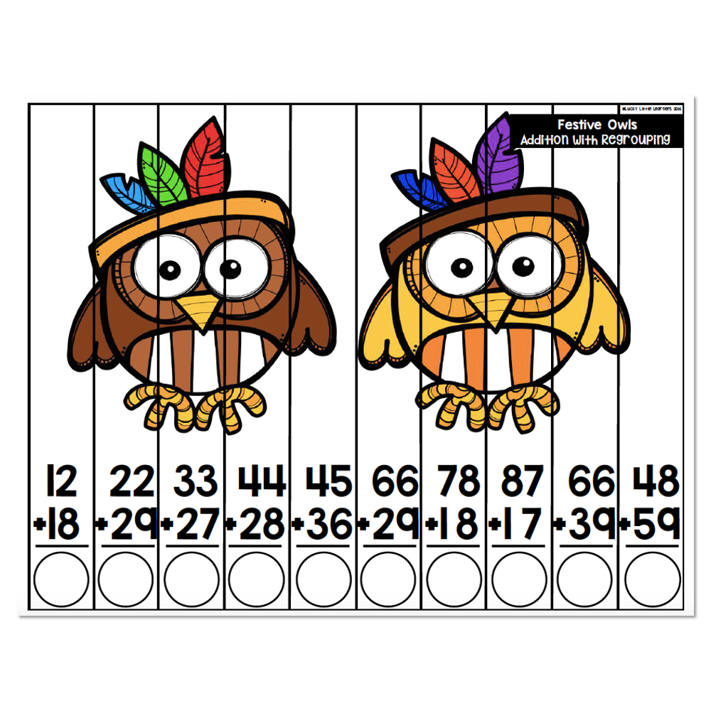 November Math Puzzle - Festive Owls - Addition With Regrouping - Lucky ...