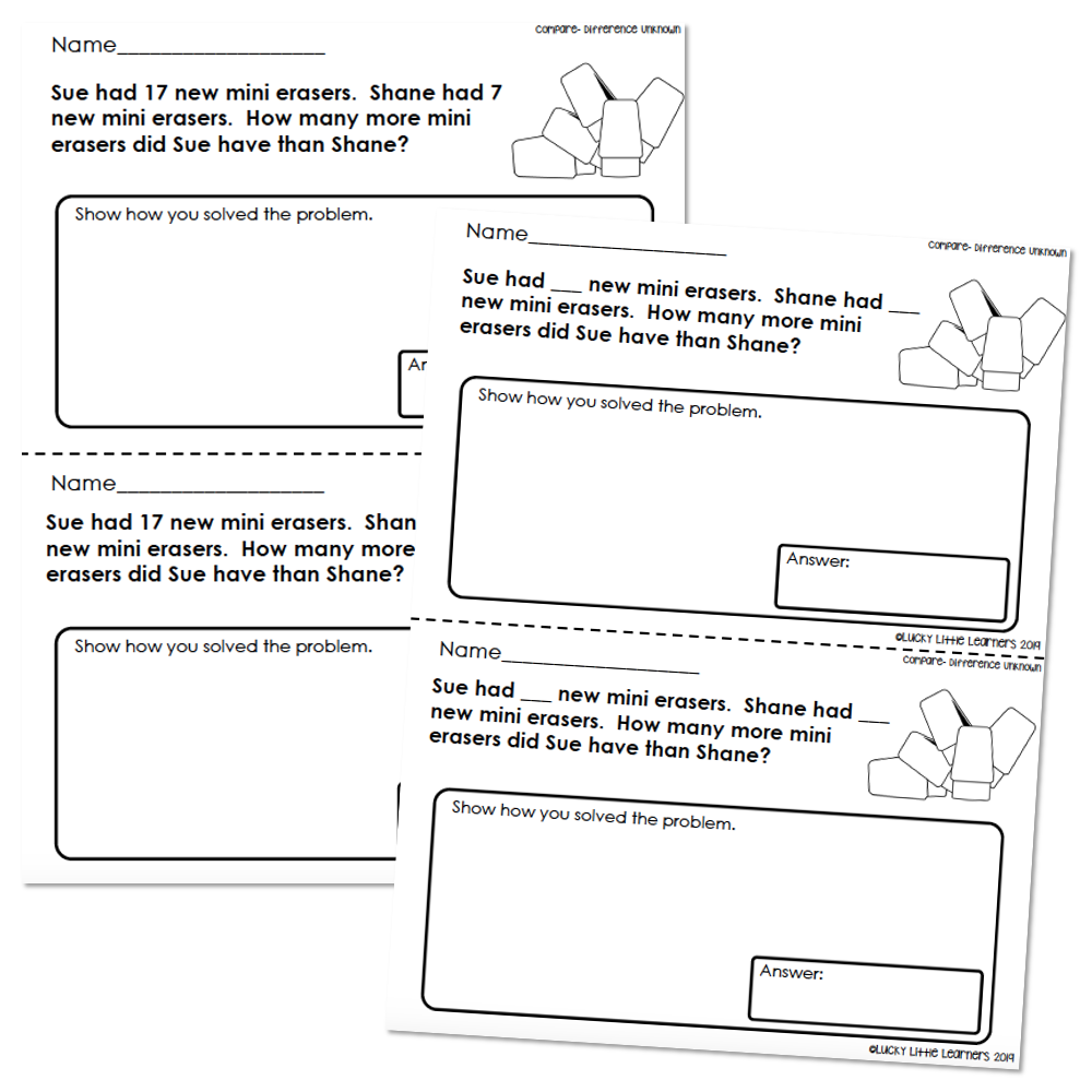 Numberless Word Problems Comparing Difference Unknown 5 Lucky