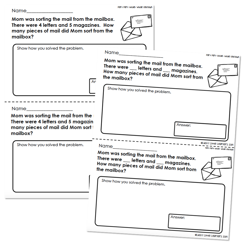 Numberless Word Problems - Part Part Whole - Whole Unknown 5 - Lucky ...