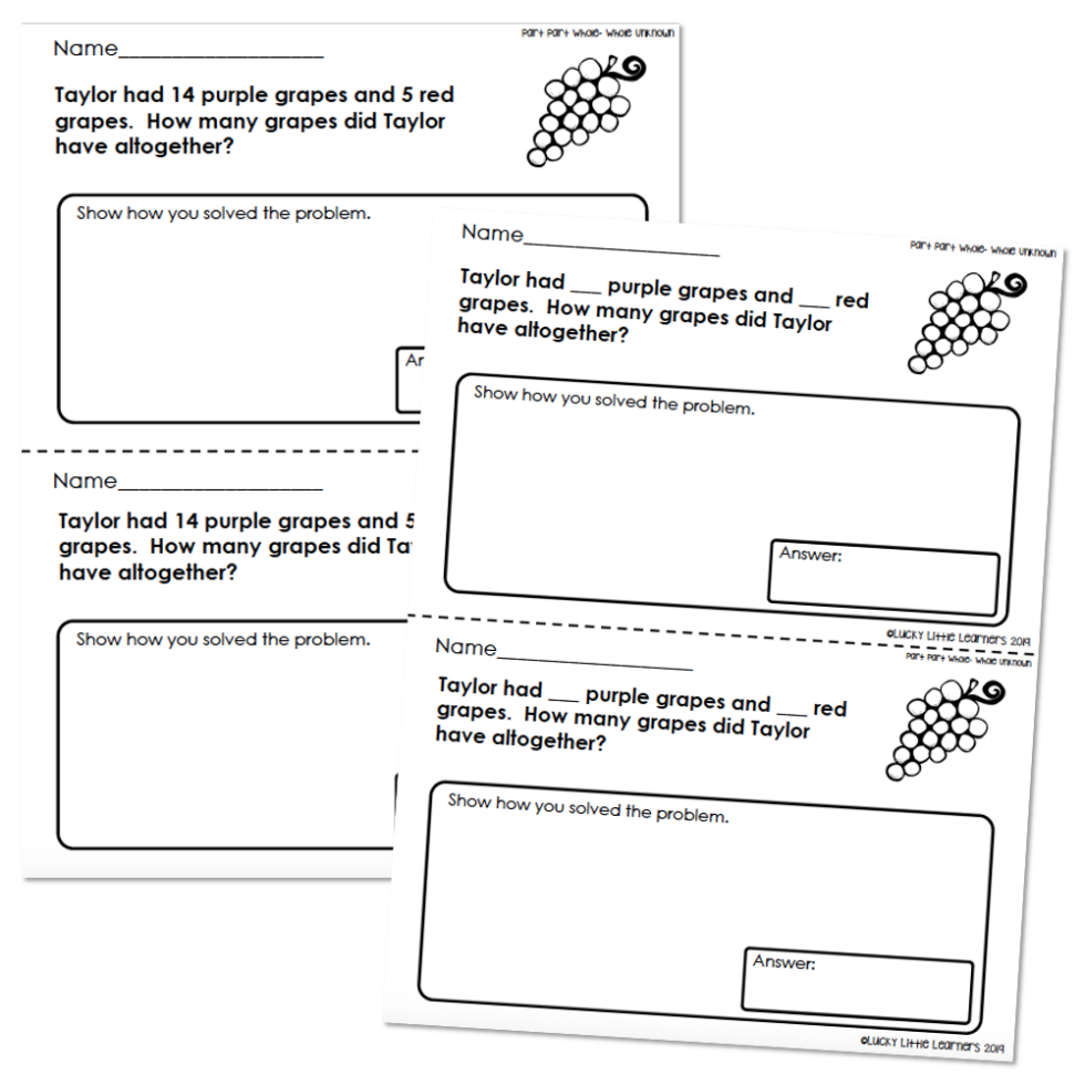 Numberless Word Problems - Part Part Whole - Whole Unknown 6 - Lucky ...