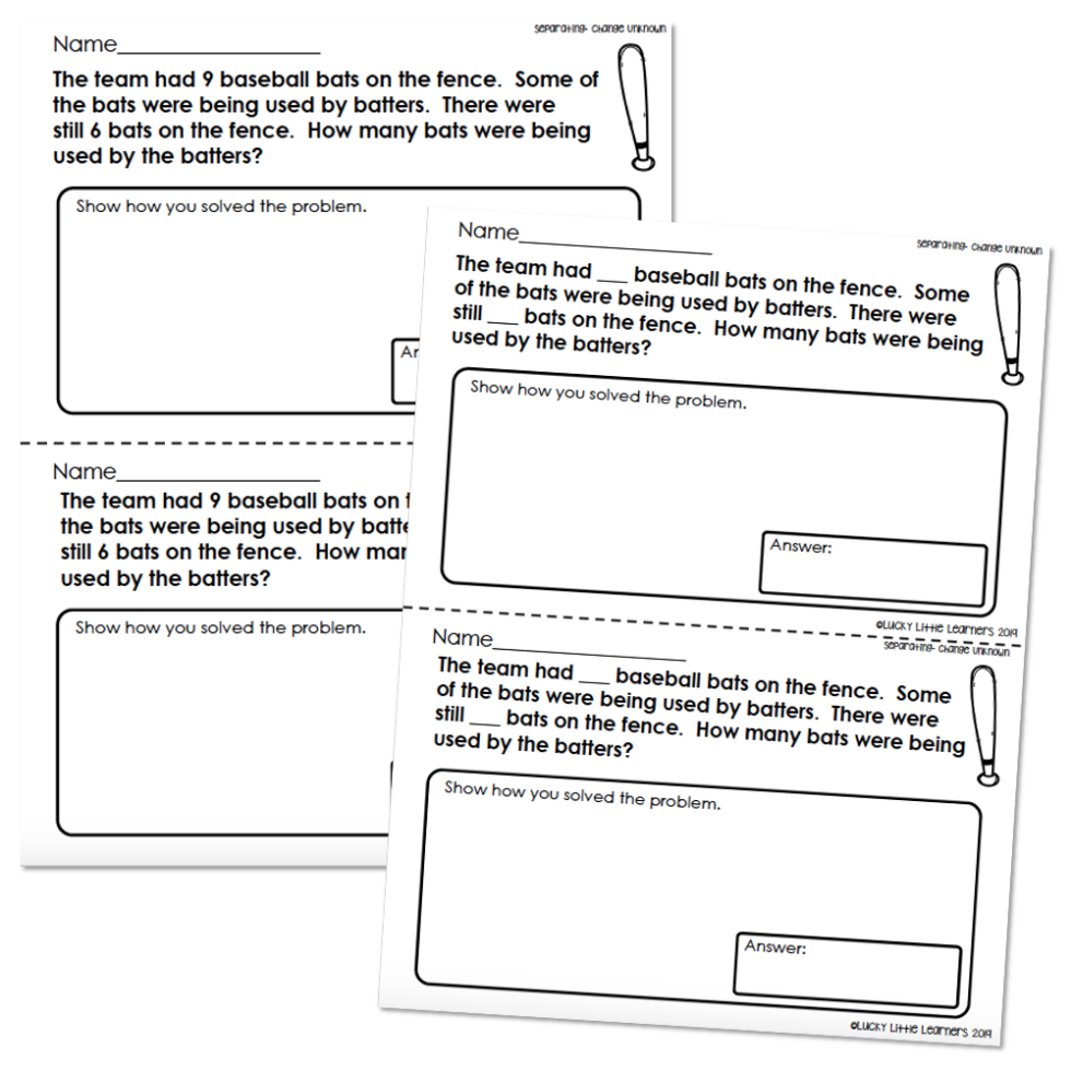 Numberless Word Problems - Separating - Change Unknown 1 - Lucky Little ...