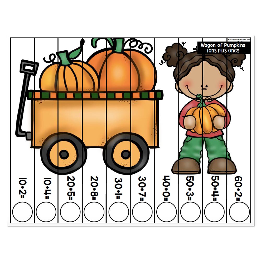 October Math Puzzle - Wagon of Pumpkins - Tens Plus Ones - Lucky Little ...