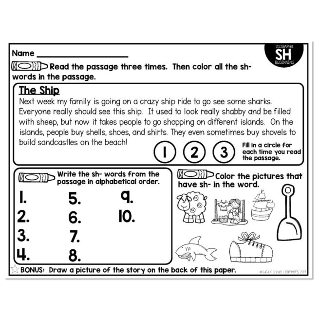SH Beginning - Digraphs Phonics Mats 2nd Grade - Lucky Little Learners