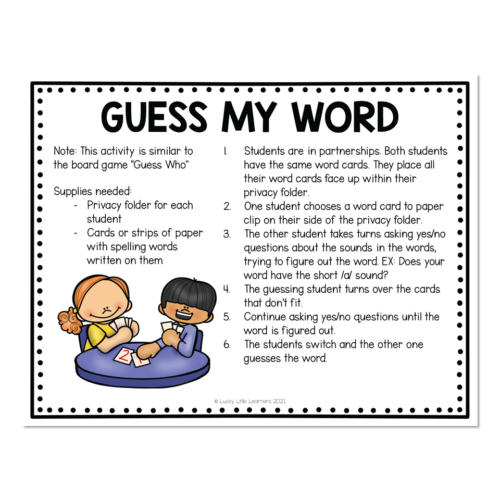 Spelling Word Work Practice - Guess My Word - Lucky Little Learners