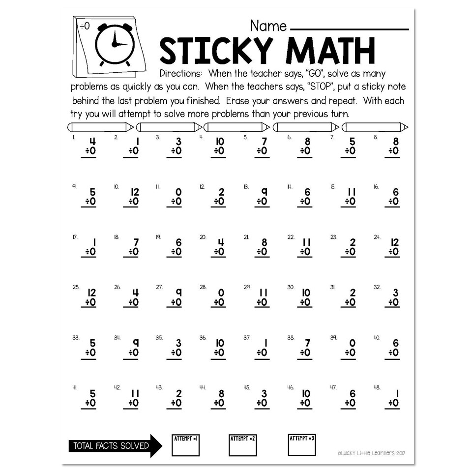 Sticky Math Fact Fluency Practice Division 0 Lucky Little Learners