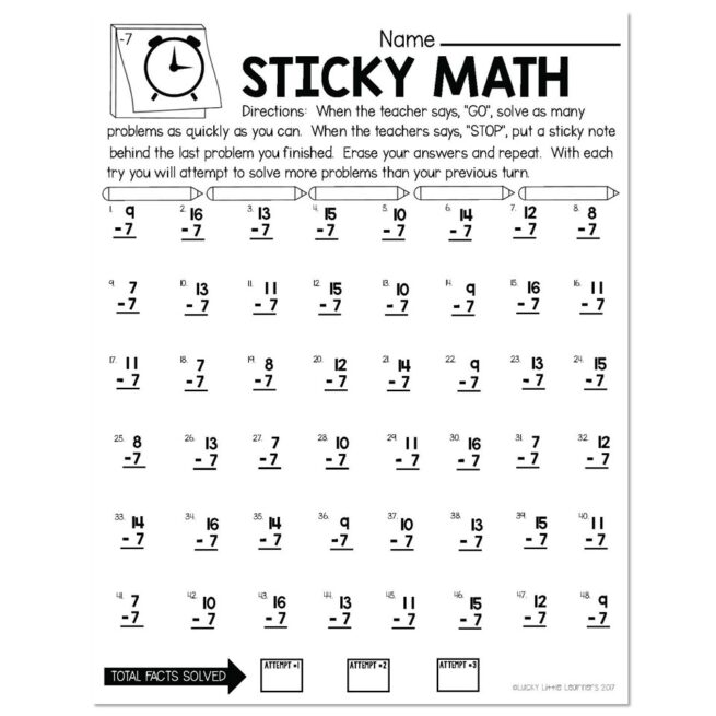 Sticky Math Fact Practice Subtraction 7 Lucky Little Learners