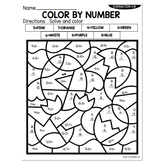 Subtraction to 18 Spring Color by Number - Egg and Chick - Lucky Little ...