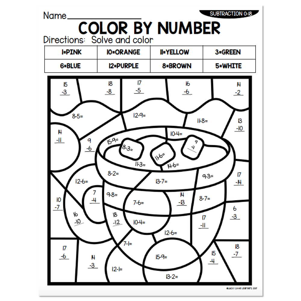 Subtraction to 18 Winter Color by Number - Hot Cocoa - Lucky Little ...