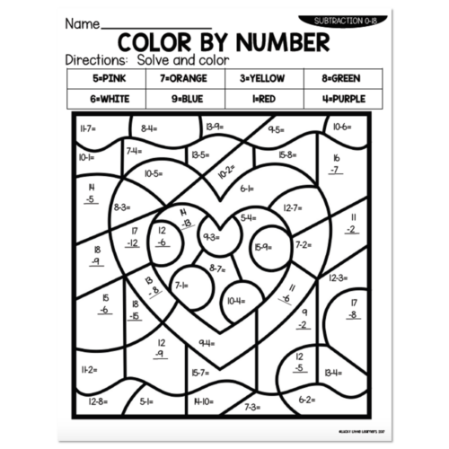 Subtraction to 18 Winter Color by Number - Polka Dot Heart - Lucky ...