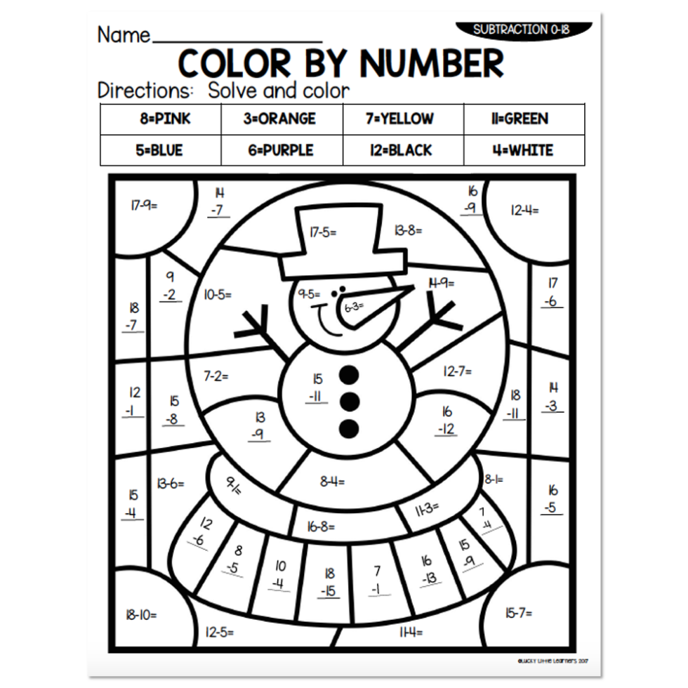 Subtraction to 18 Winter Color by Number - Snowglobe - Lucky Little ...
