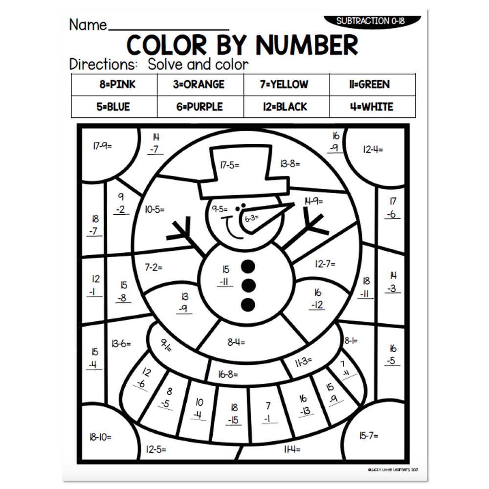 Subtraction to 18 Winter Color by Number - Snowglobe - Lucky Little ...