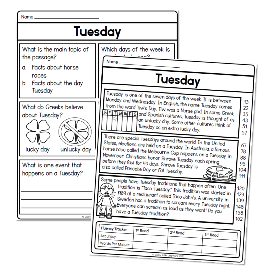 Two’s Day Activities Pack - Tuesday Reading Passage - Lucky Little Learners