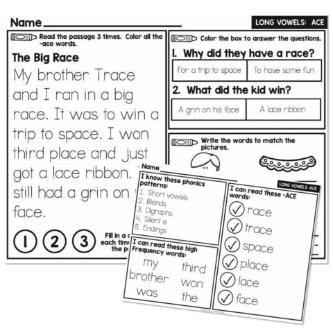 1st Grade Decodable Phonics Passage - Long Vowels - ACE - Lucky Little ...