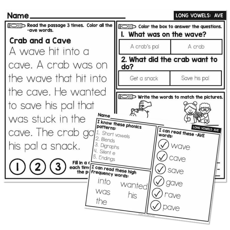 1st Grade Decodable Phonics Passage - Long Vowels - AVE - Lucky Little ...