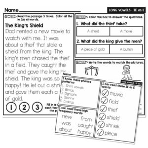 1st Grade Decodable Phonics Passage - Long Vowels - IE as E - Lucky ...